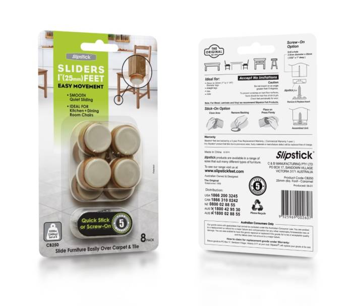 Set of 8, 1” (25mm) Feet, Caramel Glides – CB250 | Slipstick Foot